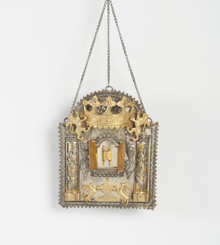 Torah shield with tiny Torah scroll set in Torah Ark with hinged doors ...